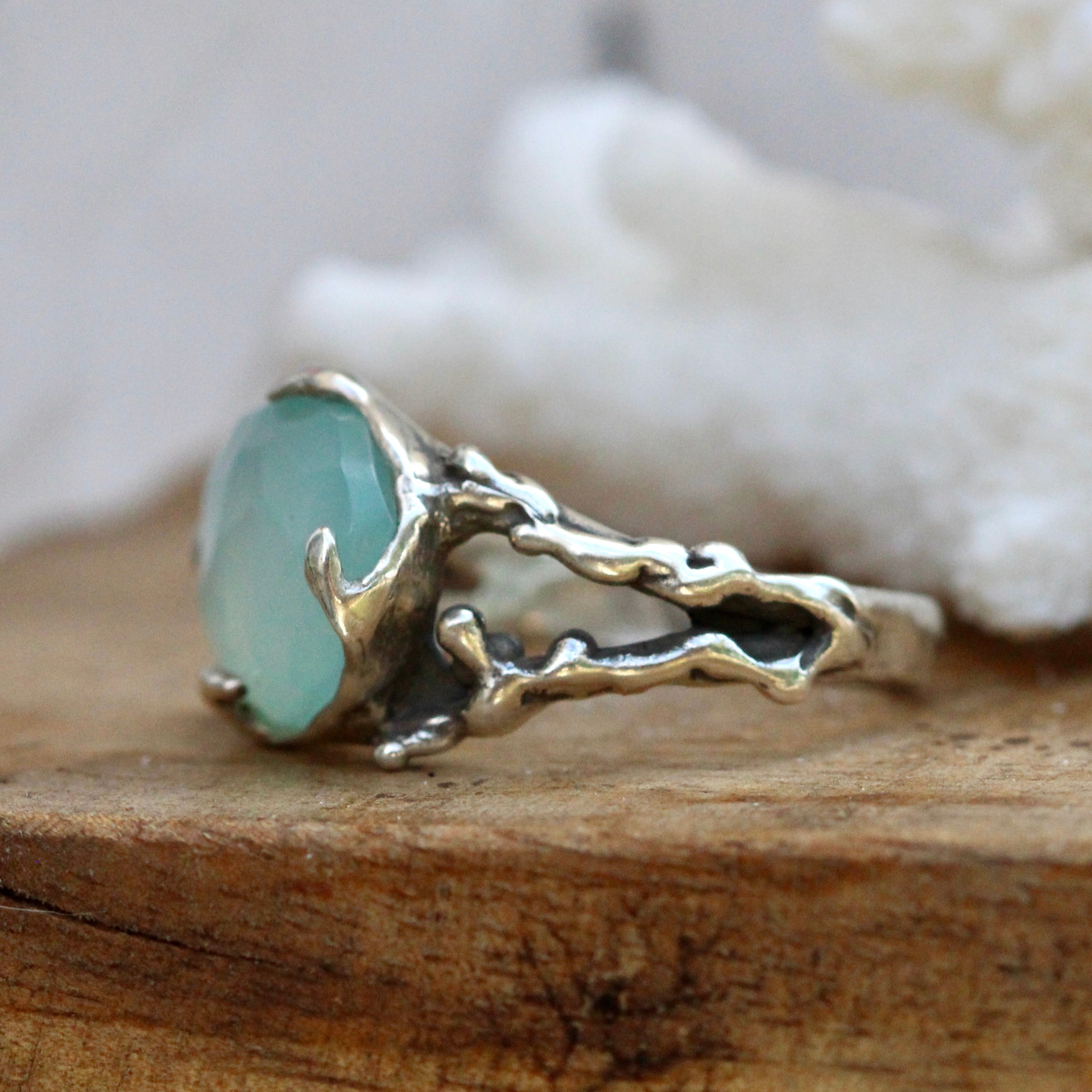 Coral and Aqua Chalcedony sterling silver one of a kind ring Beach Com